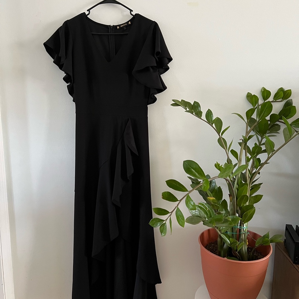 Black Maxi Gown With Ruffled Flutter Sleeves For Cock… - Gem